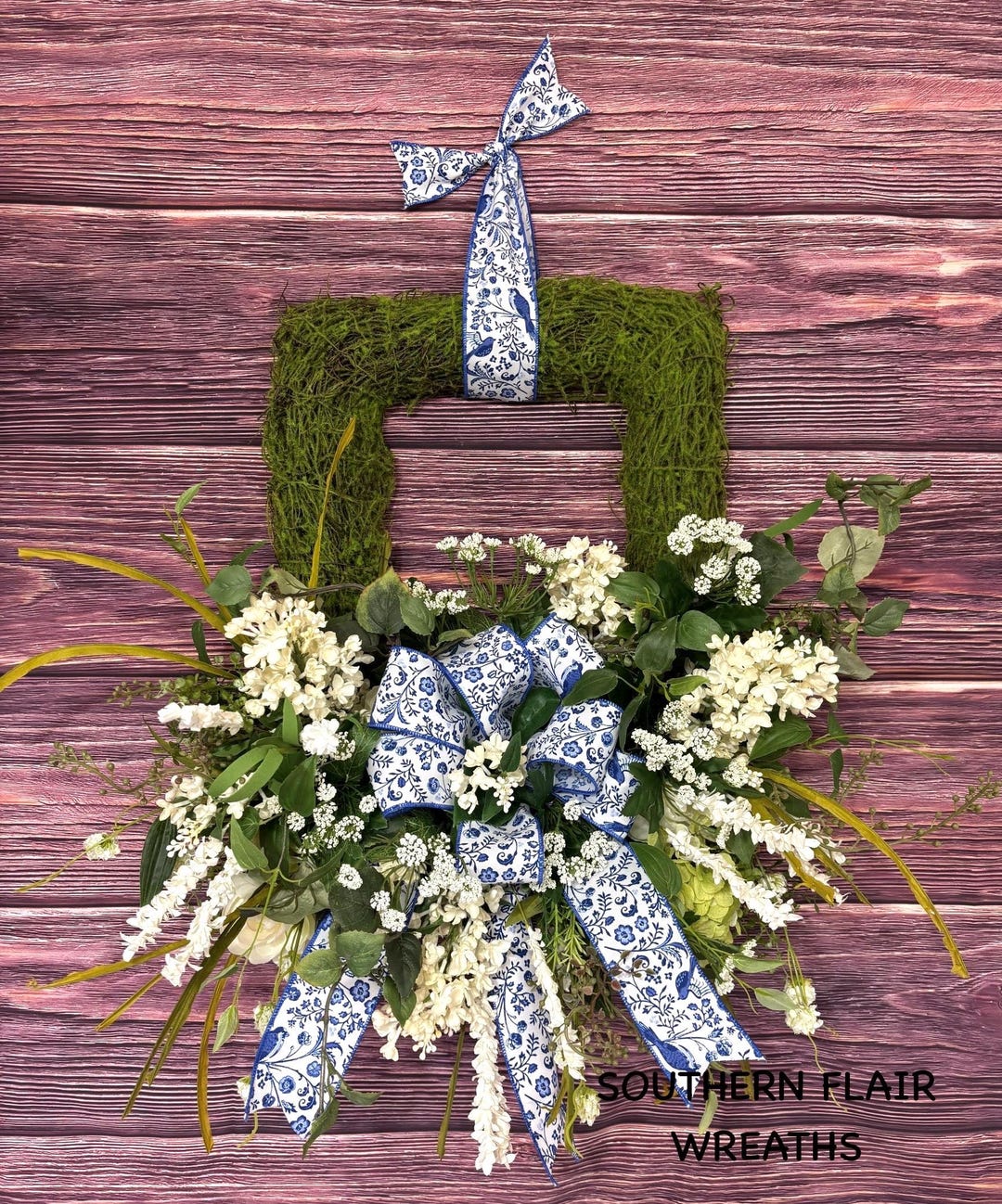 Blue Chinoiserie Moss Wreath, Spring Moss Wreath, Spring Wreath, Spring ...