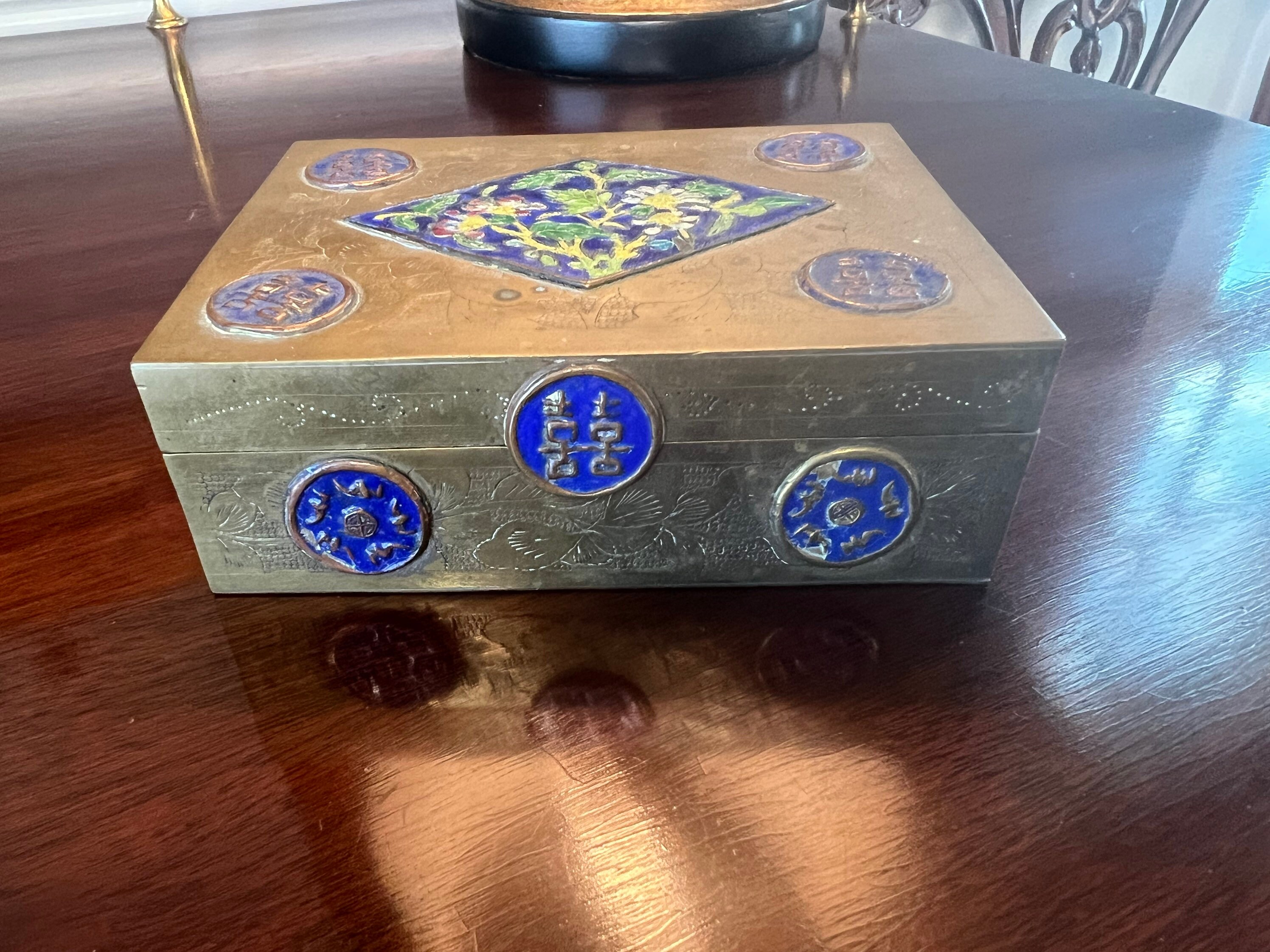 Antique Chinese Brass and Wood Cloissone Cigarette Box Hinged Trinket ...