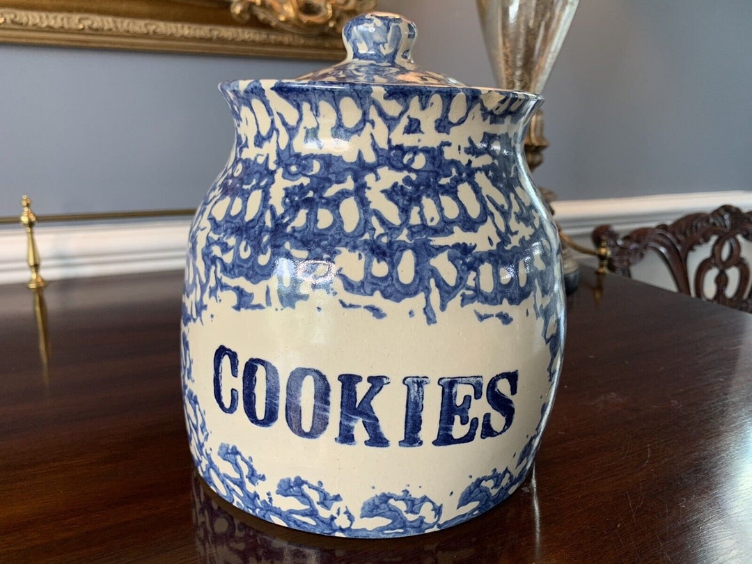 Vintage Blue Spongeware Cookie Jar With Lid Stoneware Seal on Lid ...