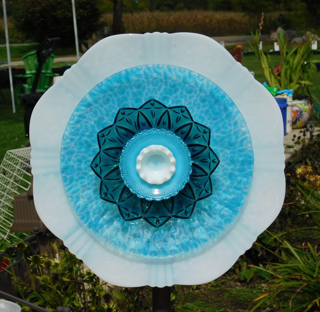 White/turquoise/teal Glass Flower, Yard Art, Glass Flowers, Outdoor ...