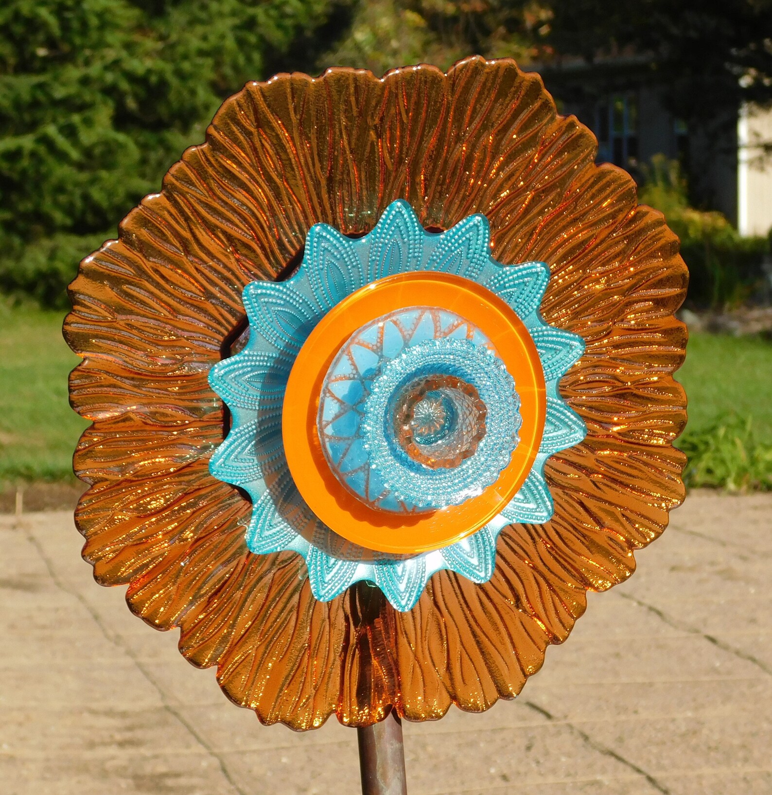Orange and Turquoise Glass Flower, Yard Art, Glass Flowers, Outdoor ...