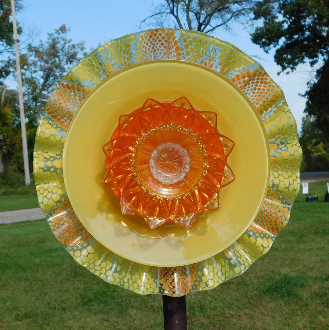 Yellow/orange/clear Glass Flower, Yard Art, Glass Flowers,outdoor Decor ...