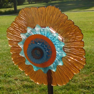 Orange and Turquoise Glass Flower, Yard Art, Glass Flowers, Outdoor ...