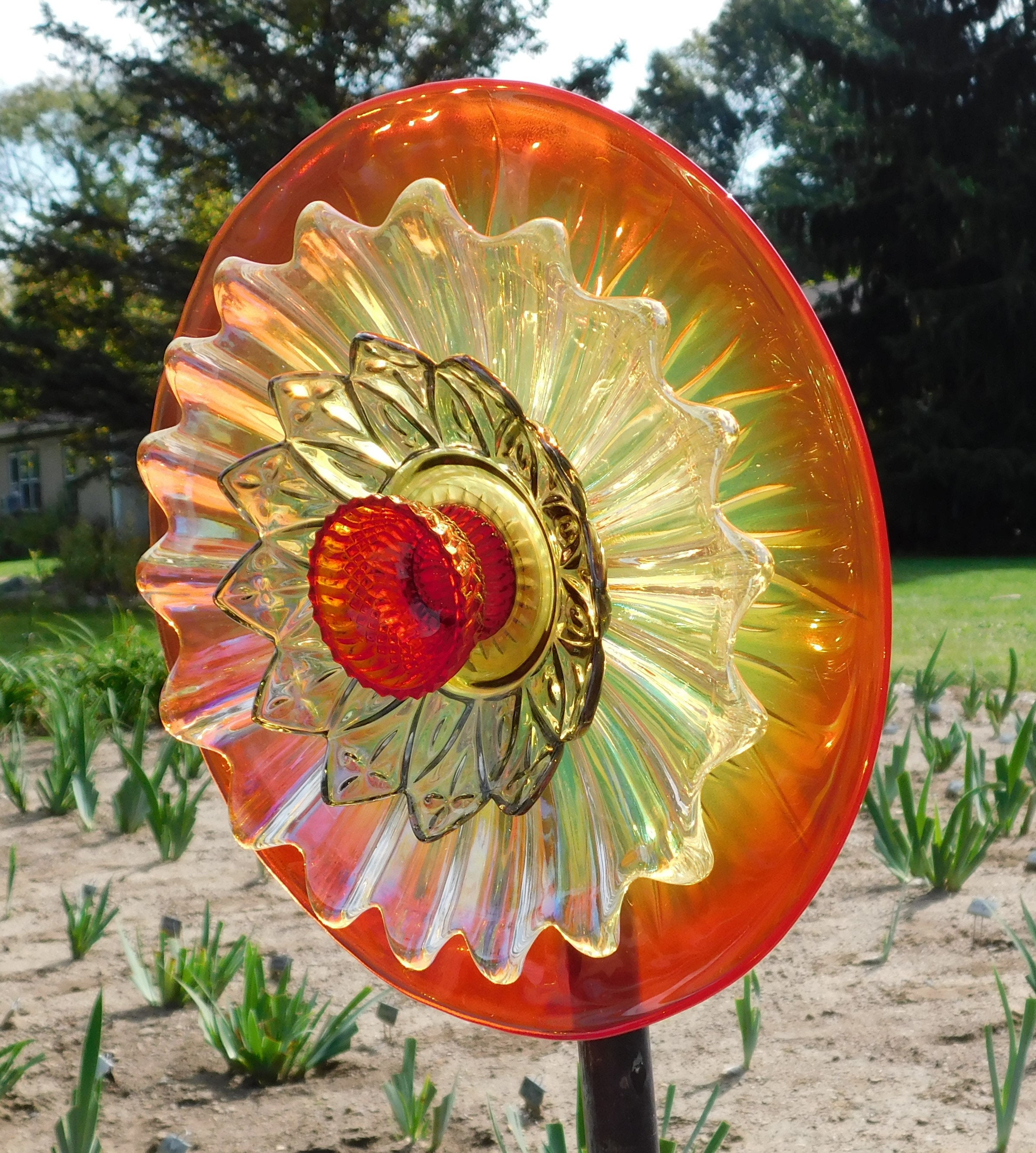 Orange/yellow/clear/smoke Glass Flower, Yard Art, Glass Flowers ...