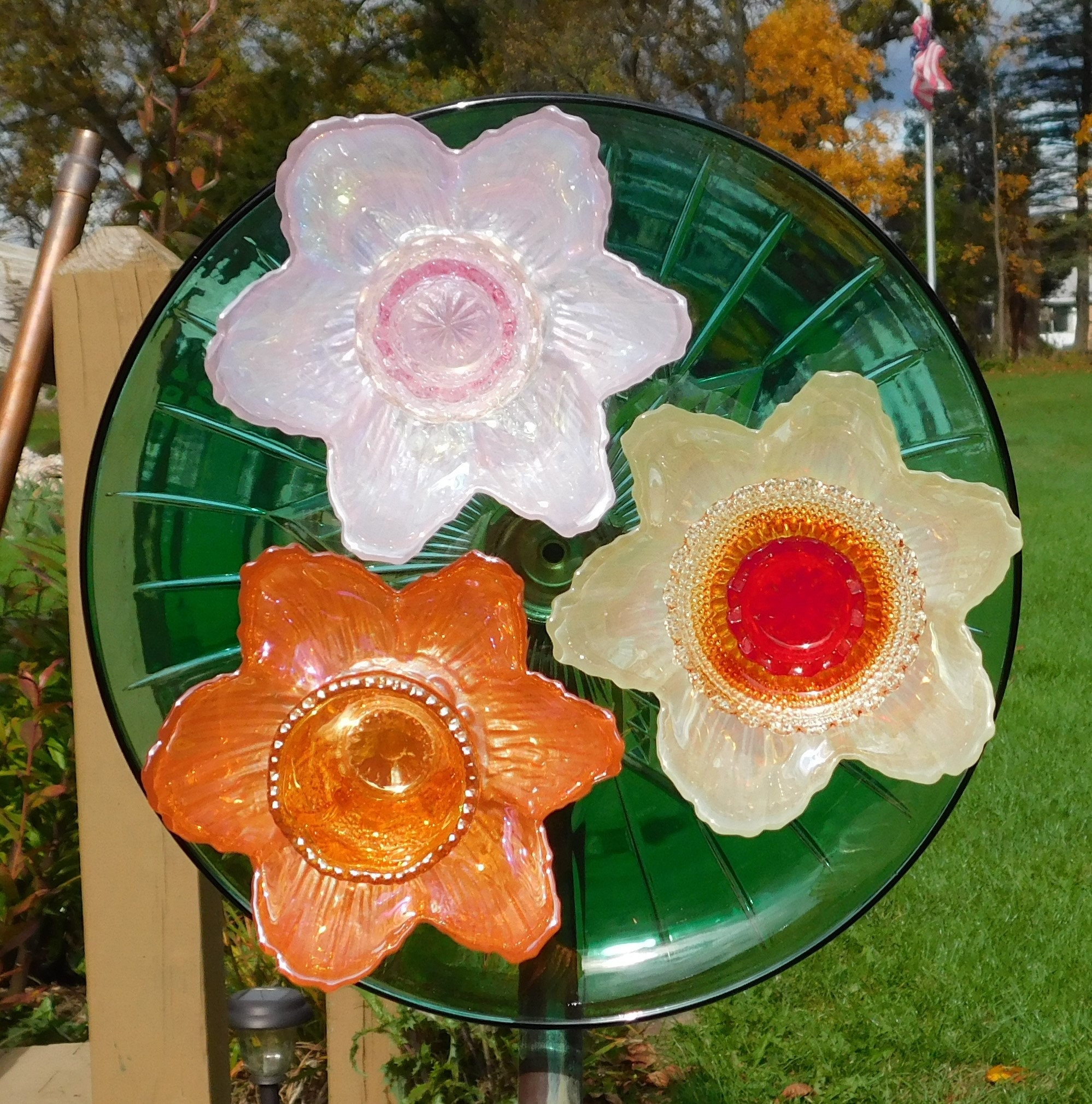 Trio of Glass Flowers on a Green Backround, Yard Art, Glass Flowers ...