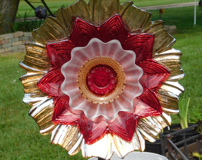Gold and Red Glass Flower, Yard Art, Glass Flowers, Outdoor Decor ...