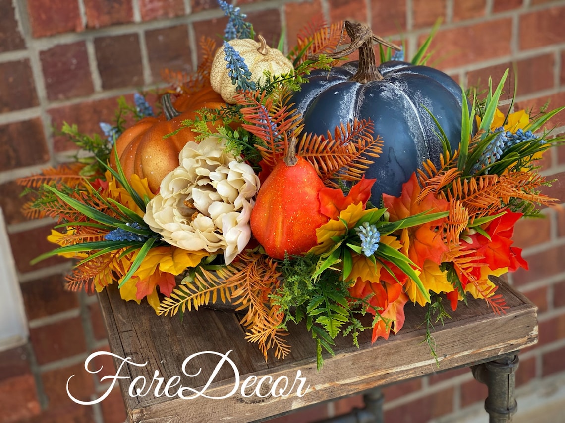 Blue and Orange Fall Arrangement Fall Blue Pumpkin Fall - Etsy