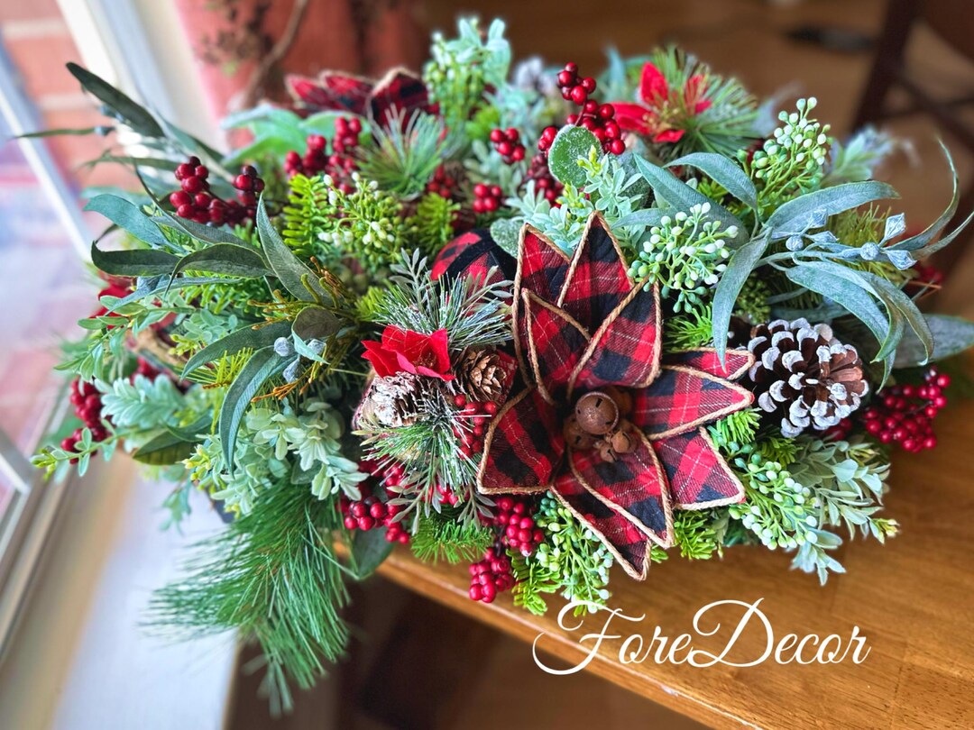 Large Christmas Centerpiece for Table, Buffalo Plaid Centerpiece ...