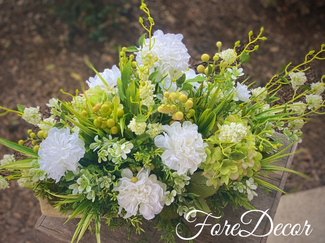 White Silk Flower Table Centerpiece: Rustic Dough Bowl Arrangement - Etsy