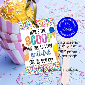 Here's the Scoop Ice Cream PRINTABLE Tags, Grateful for You Teacher ...