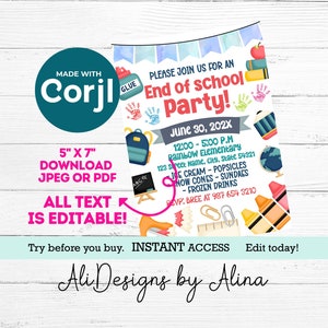 End of School Party Invitation EDITABLE Template, Graduation Party ...