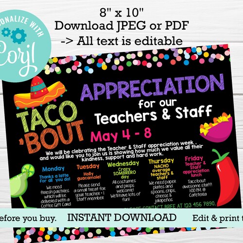 EDITABLE Nacho Average Teacher Appreciation Week Itinerary - Etsy