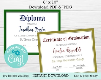 Graduation printable Diploma EDITABLE template INSTANT | Etsy