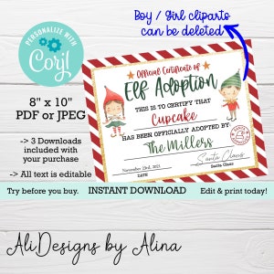 EDITABLE Elf Adoption Certificate Girl ELF Boy Elf Kids - Etsy