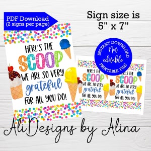 Ice Cream Appreciation Card, Here's the Scoop, PRINTABLE Sign, Instant ...