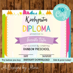 Colorful Diploma Template, EDITABLE Pdf, PTA PTO Printable Award ...