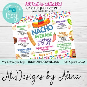 Nacho Average Teacher Week EDITABLE Calendar, Nacho Average Nurses ...