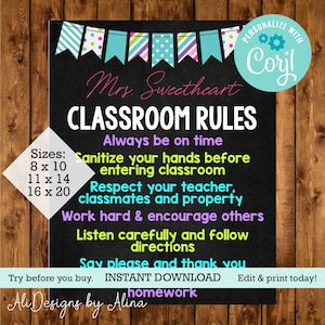 Classroom Rules PRINTABLE Poster, Editable Template, Back to School ...