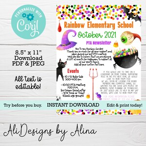 October Newsletter, EDITABLE Template, PTA PTO Event Calendar ...
