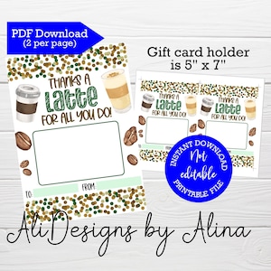 Thanks a LATTE Gift Card Holder for Coffe Gift Card, Teacher Week, Team ...