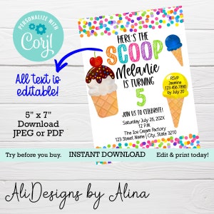 Here's the Scoop Invitation, Birthday Party, Ice Cream Social, EDITABLE ...
