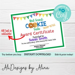 Girl Scout Cookie Sale Diploma, 2024 Cookie Sale, Award Certificate ...