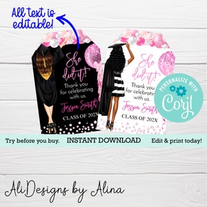 Graduation Favor Tag, EDITABLE Template, Senior Graduate, She Did It ...