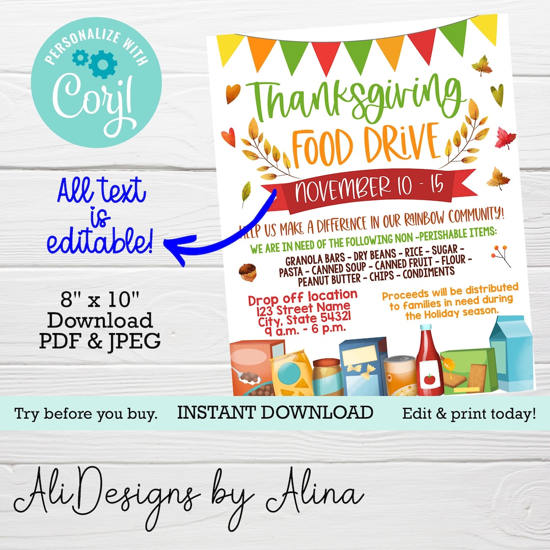 Thanksgiving Food Drive Flyer, EDITABLE Template, Food Fundraiser Event ...
