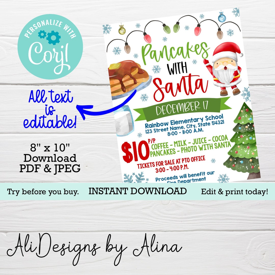 Pancakes With Santa Flyer, EDITABLE Fundraiser Invitation, Christmas ...