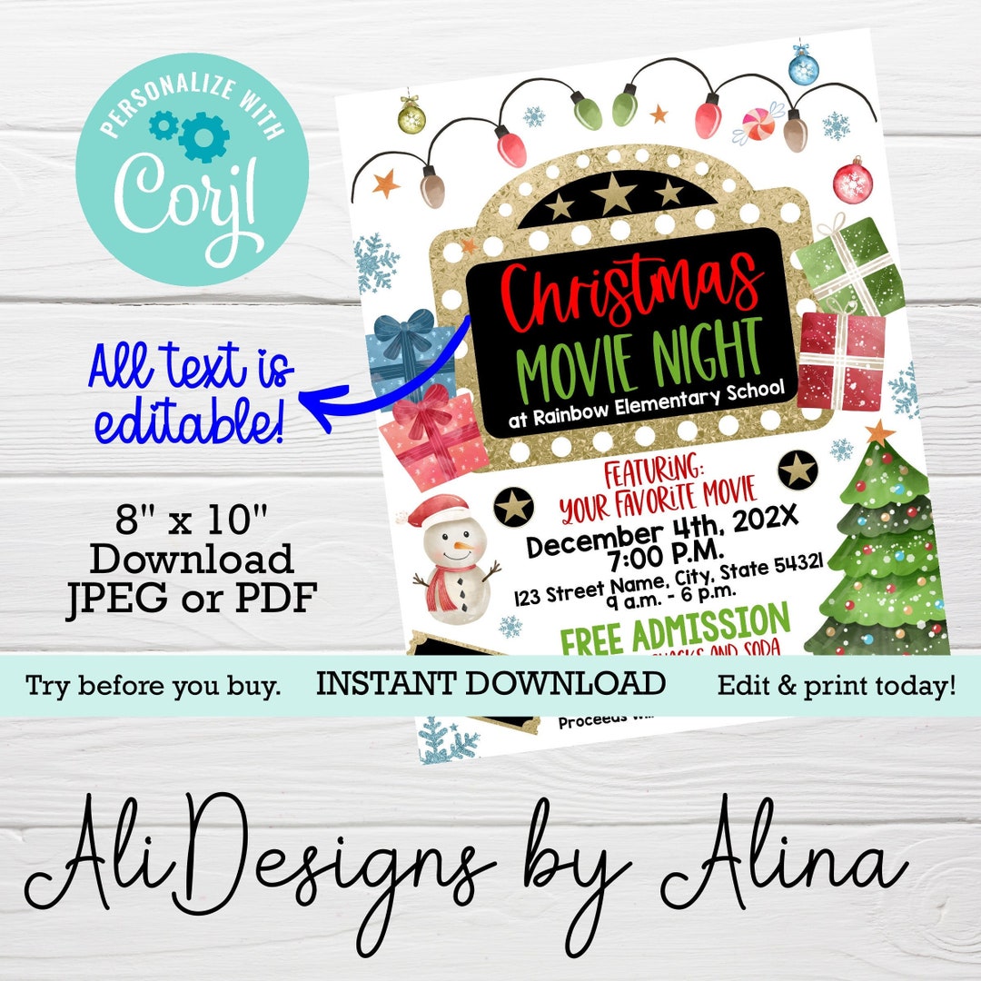 Christmas Movie Night Flyer EDITABLE Template Holiday Movie Night, PTA ...