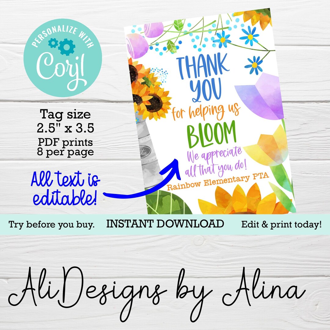 Thank You for Helping Us Bloom, EDITABLE Tag, Teacher Appreciation Week ...