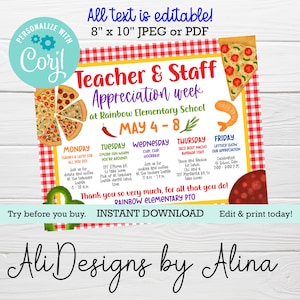 Pizza Theme Teacher Appreciation Week Calendar, Room Service Form ...