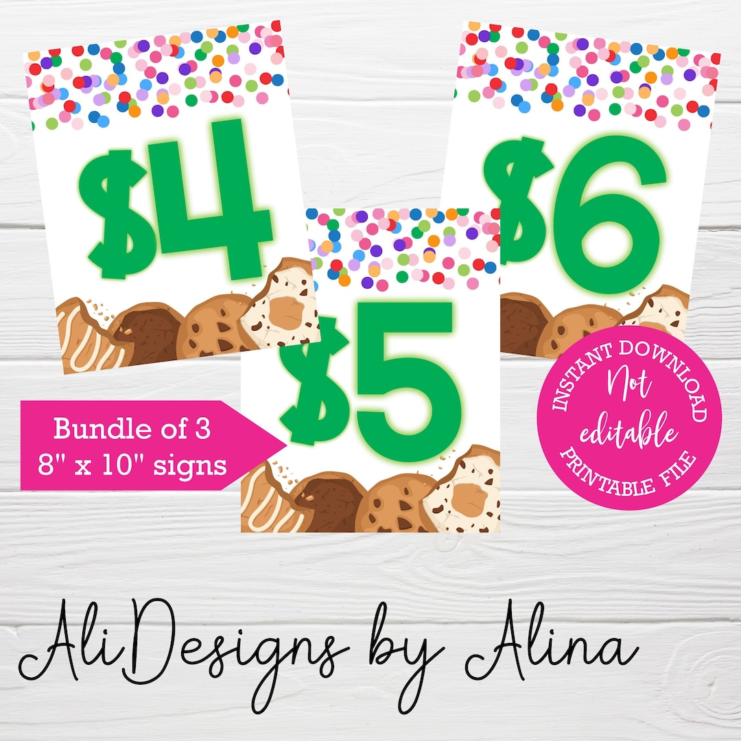 Cookie Price Signs, 4 Dollars, 5 Dollars, 6 Dollars, INSTANT Download ...