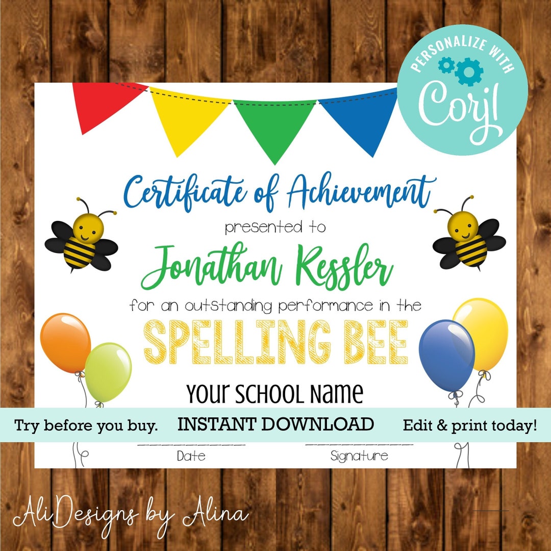 Editable Spelling Bee Certificate, School Award (digital Download) - Etsy