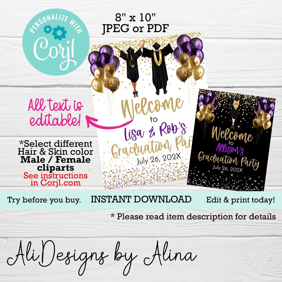 Purple and Gold Graduation Welcome Sign, EDITABLE Template, Graduation ...