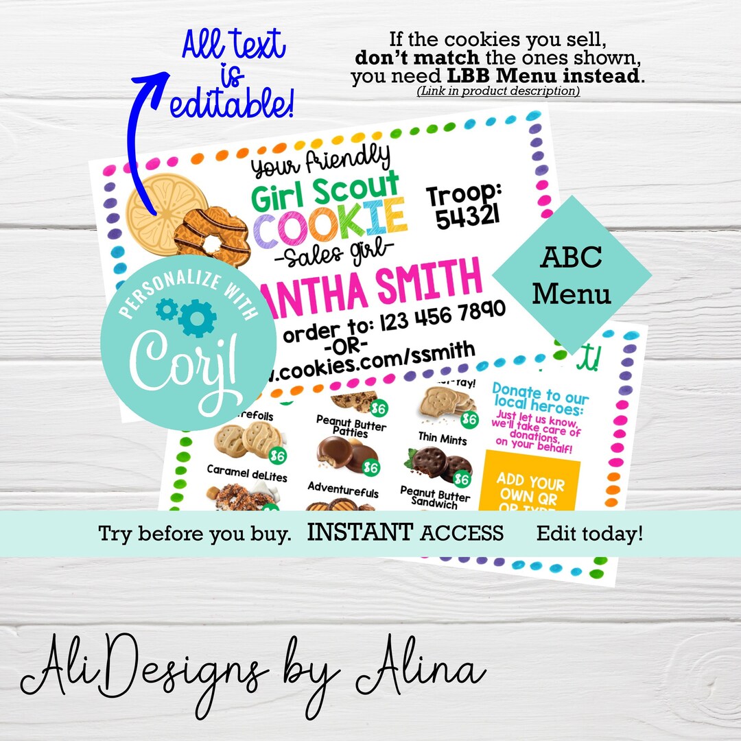 Girl Scout Cookie Sale Printable Business Cards, 2024 Cookie Seller ABC ...