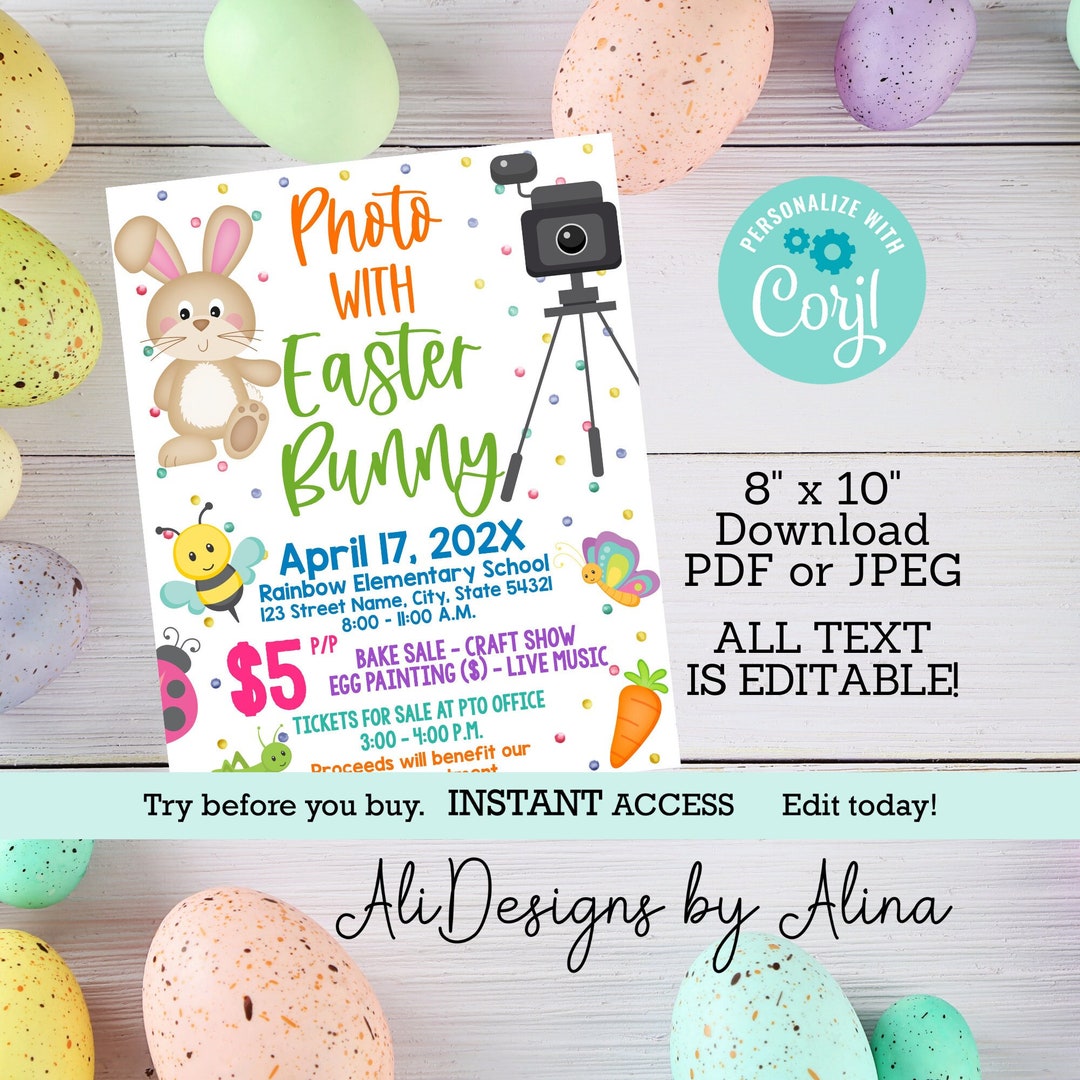 Photo With Easter Bunny Flyer,easter Bake Sale, Spring Festival Poster ...