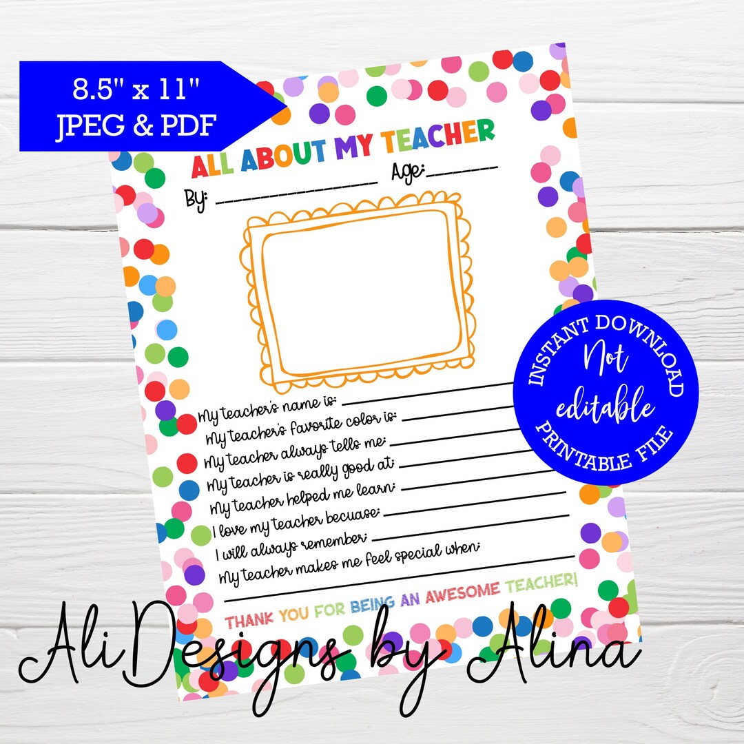 All About My Teacher PRINTABLE, Teacher Appreciation Week, Letter for ...