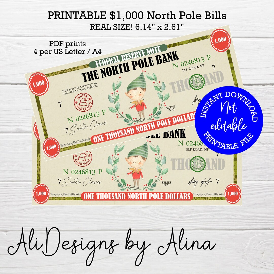 PRINTABLE Christmas Money ONE THOUSAND Dollar Bill, North Pole Money ...