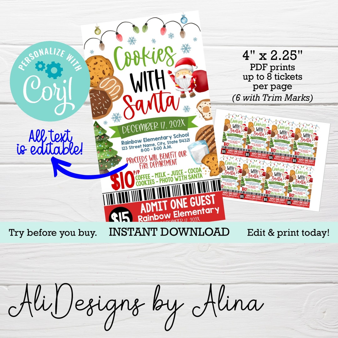 Cookies With Santa Admission Ticket, Editable Template, Christmas ...