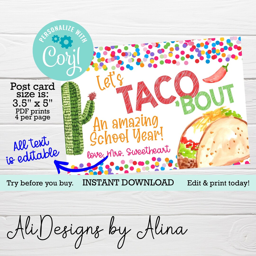 Teacher Postcard for Students, MEXICAN Inspired, TACO Bout an Amazing ...