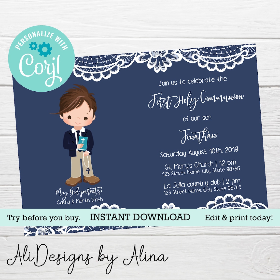 Invitation for BOY First Holy Communion, EDITABLE Template, DIGITAL ...