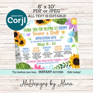 Teacher Staff Appreciation Week Itinerary BLOOM Flowers Theme, EDITABLE ...