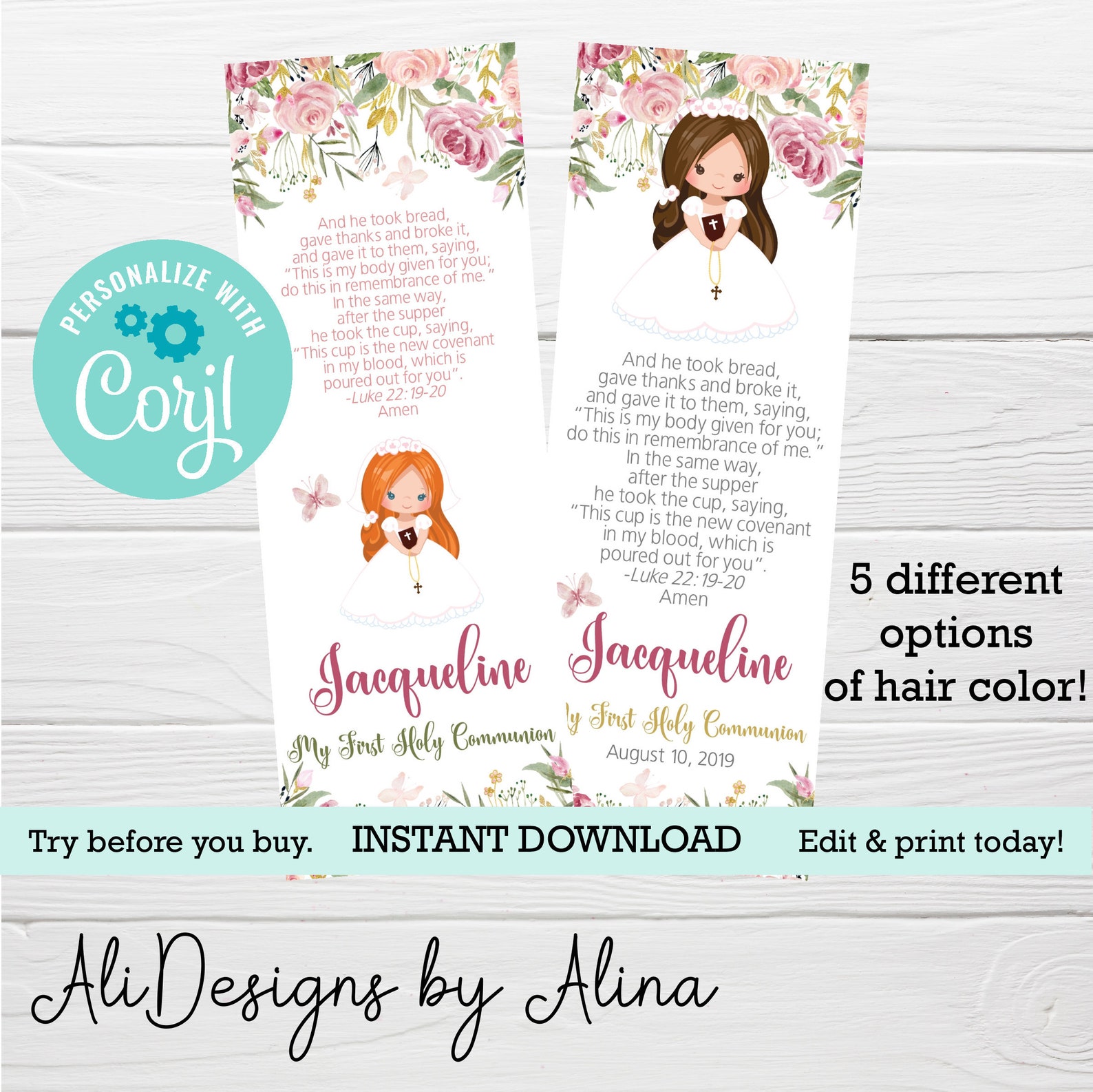 Bookmark Favors Printable PDF GIRL First Holy Communion - Etsy