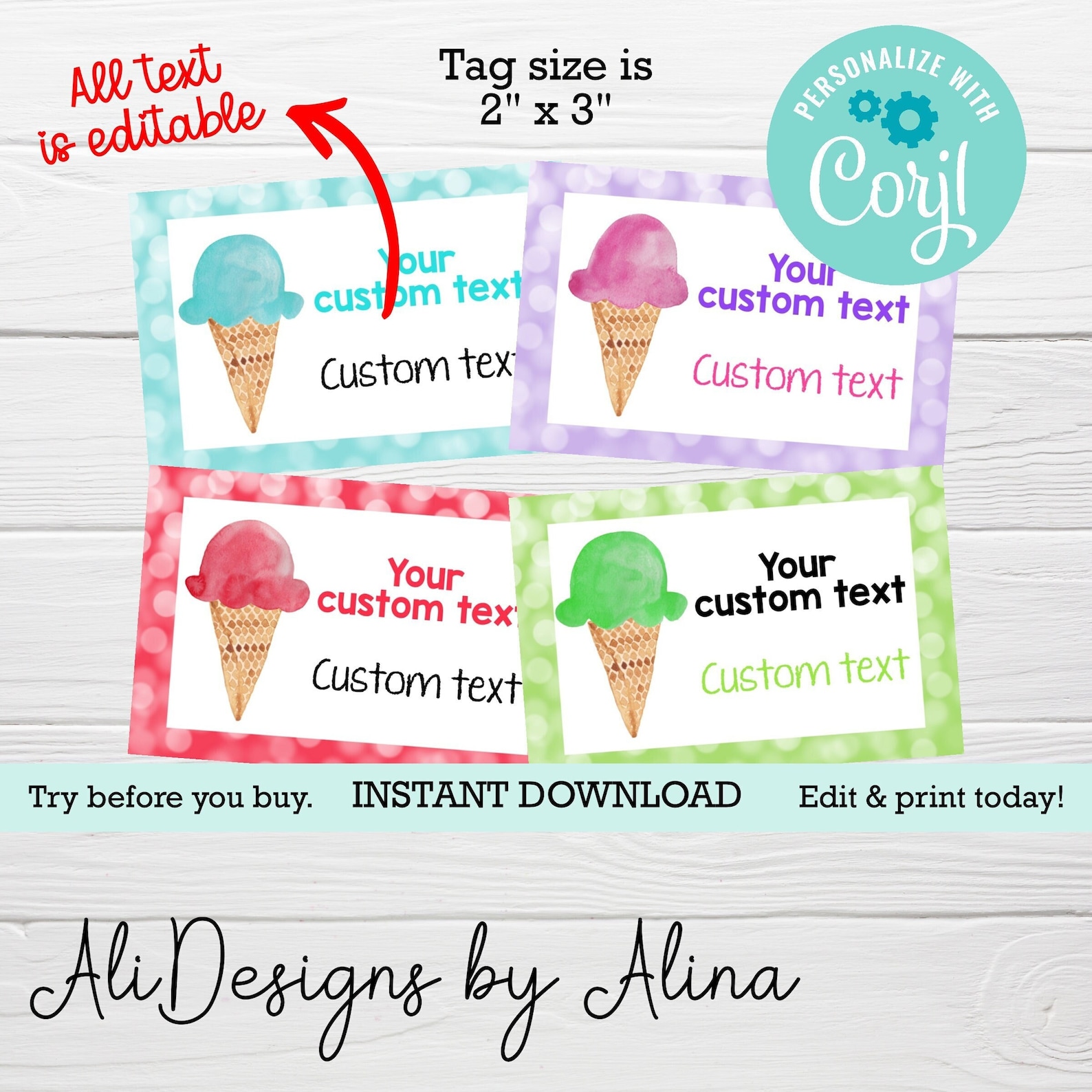 Ice Cream Printable Tags, Editable Birthday Party Stickers (digital ...