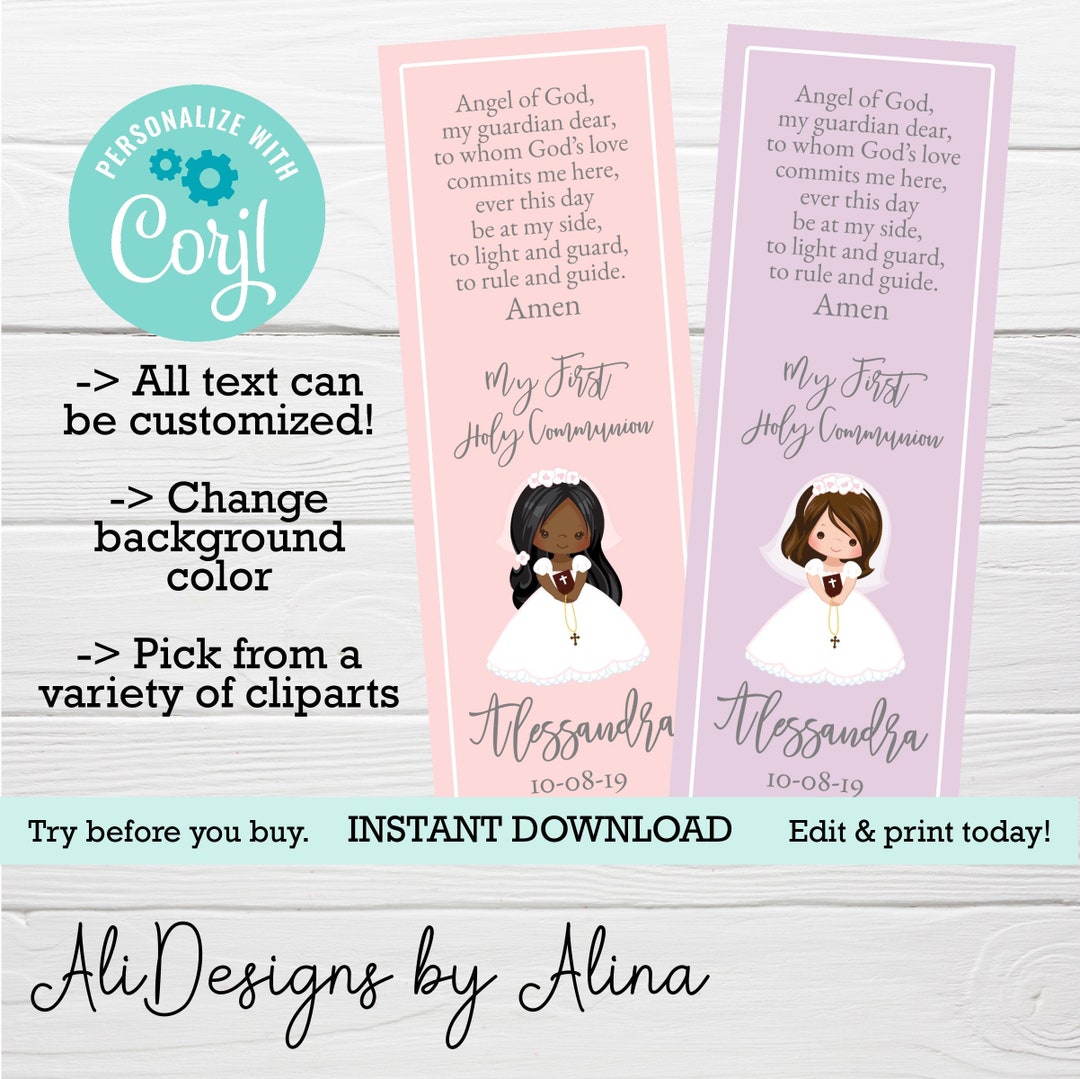 Bookmark Favors for First Holy Communion, GIRL EDITABLE Bookmark ...