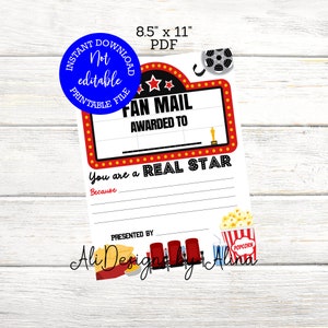 Fan Mail Teacher Appreciation Week Printable, Movies Hollywood Theme ...