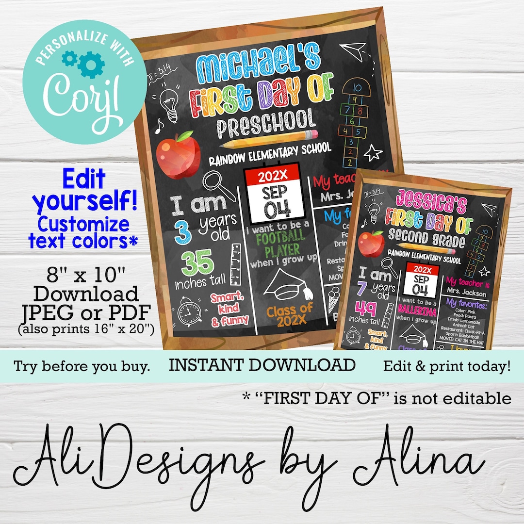 First Day of School Chalkboard EDITABLE Template, Back to School ...