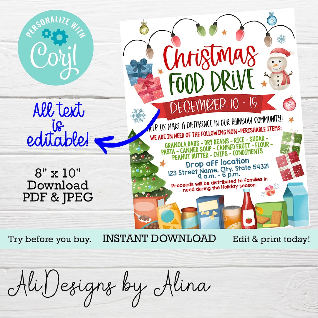 Christmas Food Drive, PRINTABLE Flyer, Holiday Food Drive Flyer ...