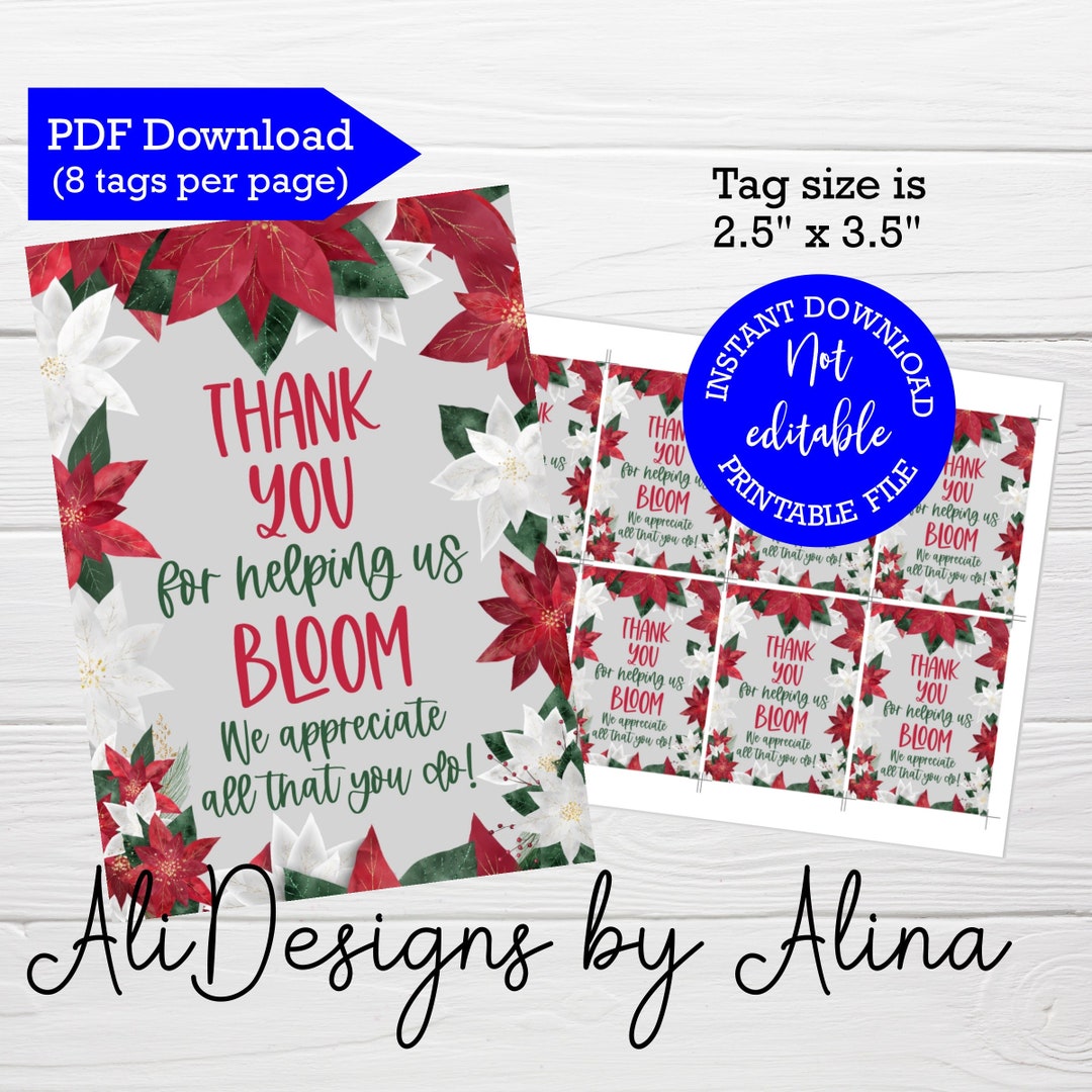 Thank You for Helping Us Bloom Christmas Tags for Teacher, Poinsettia ...